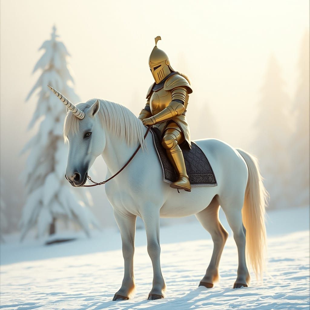 Epic Fantasy Unicorn and Golden Knight in Snowy La... - AI Art