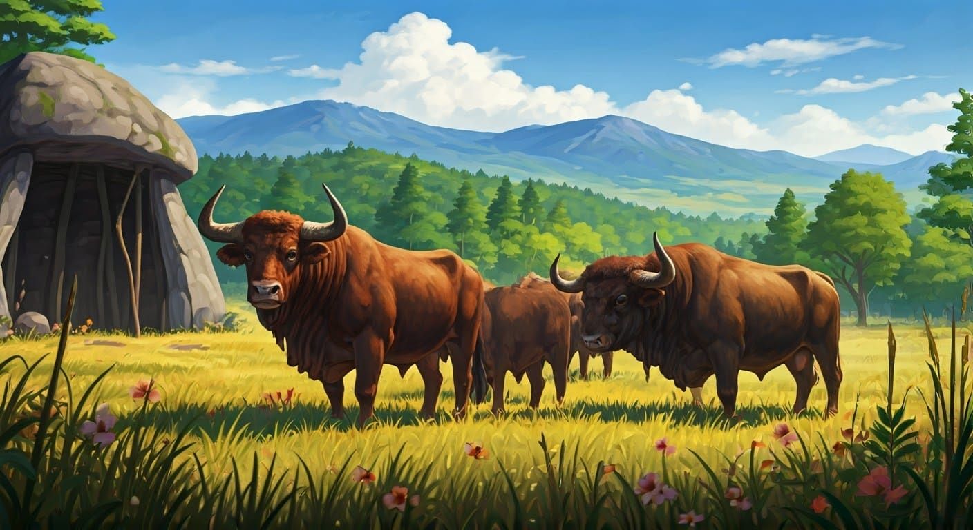 Aurochs - Prehistoric Aurochs Herd in Paleolithic Landscape