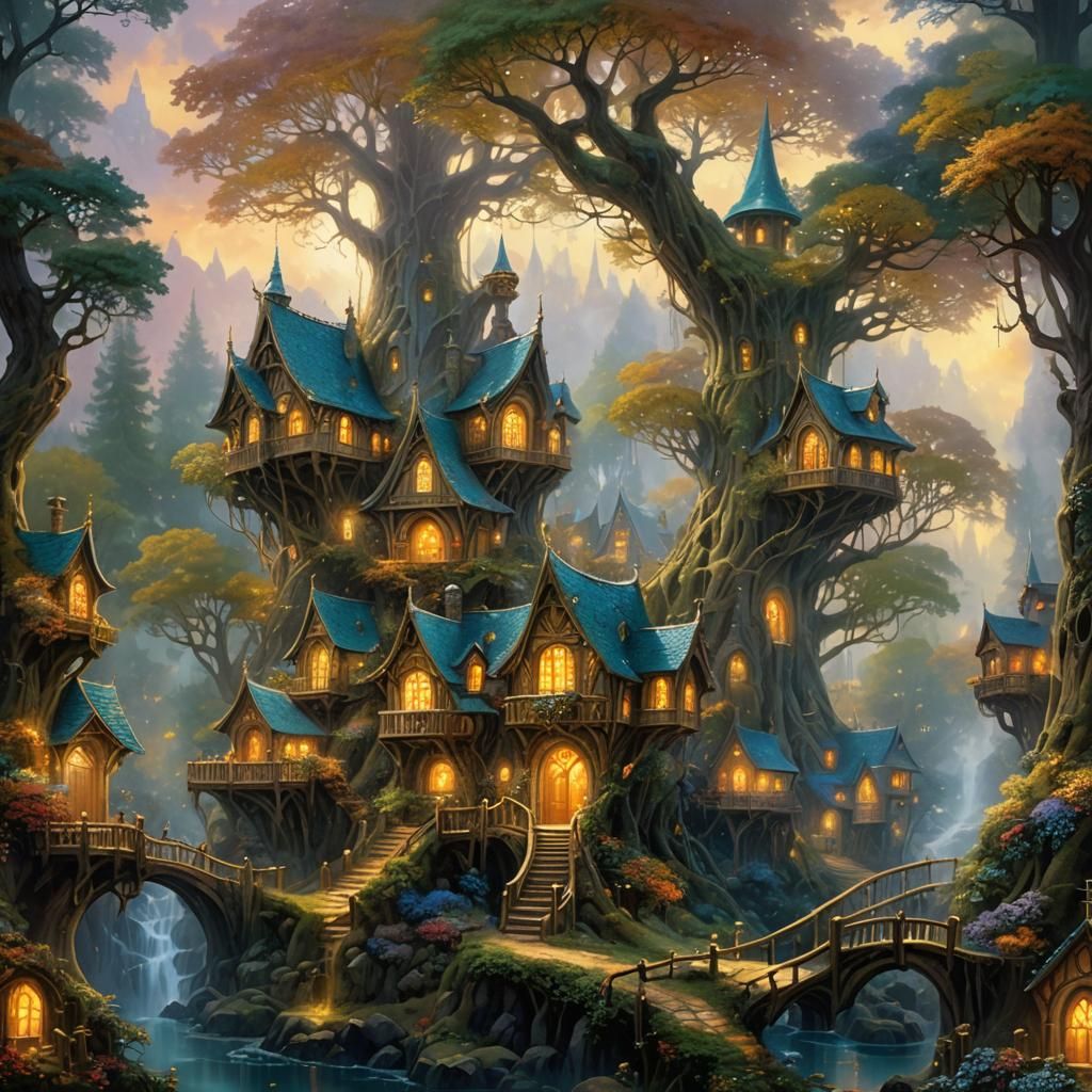Lothlorien. Glowing Elvin tree houses. Golden trees. City in the trees ...