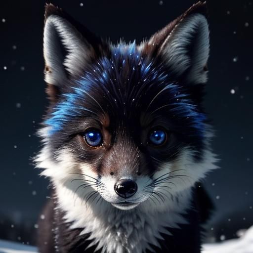 Close-up portrait of an adorable baby black-fox cub with glowing blue ...
