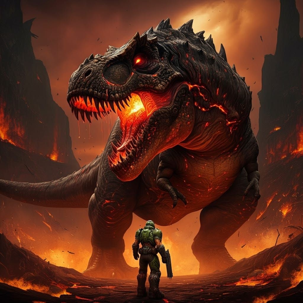 Cyberpunk-Style T-Rex Battles Doom Slayer in Helli... - AI Art