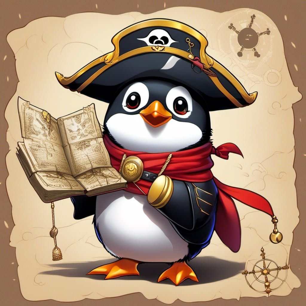 Adorable penguin wearing the pirate fashion with a tricorn hat, cutlass ...