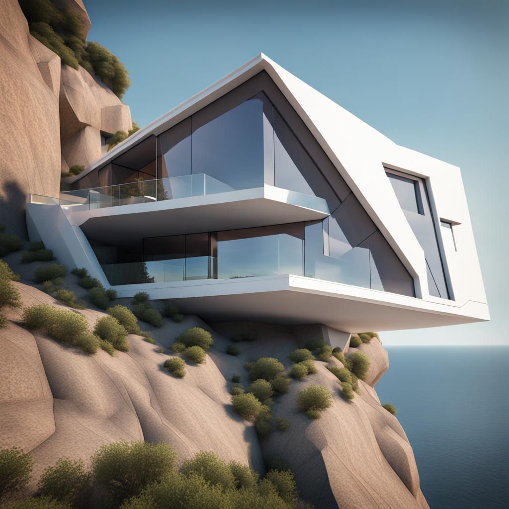 Jagged, angular house of the future situated on a cliffside, 64k ...