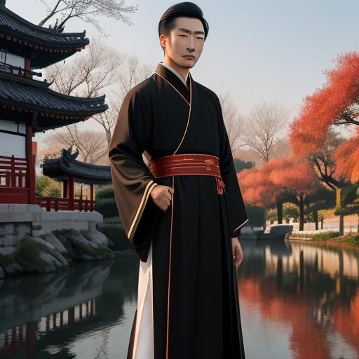Portrait of a European-Asian man, black modern Hanfu costume, serene ...