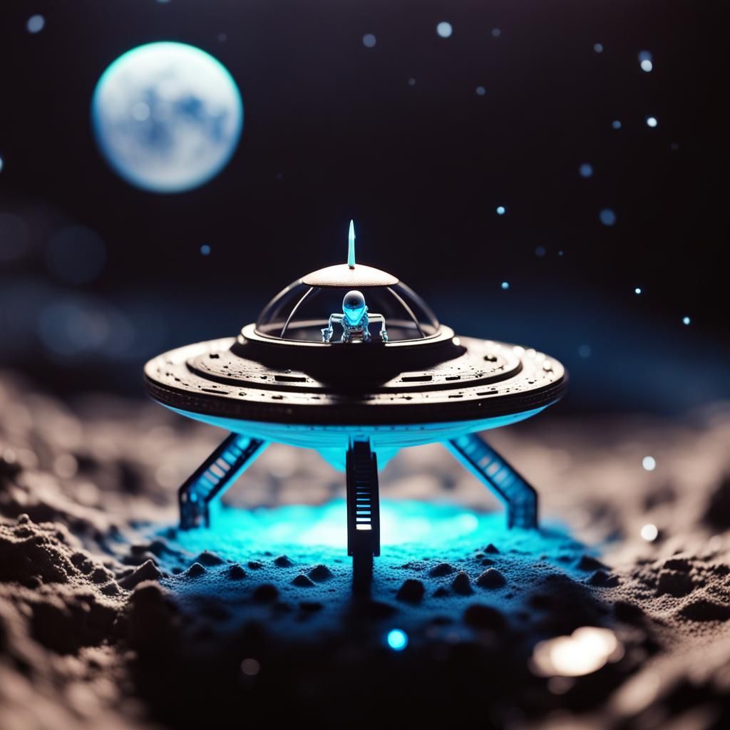 Photograph, Macro, glowing miniature alien spaceship with alien in it ...