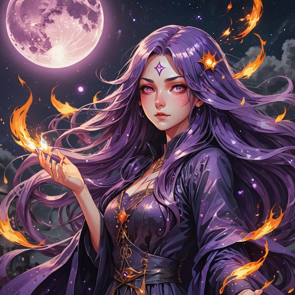 Ethereal sorcerer witch with long purple hair and sparkling eyes casting spells of flames and ...