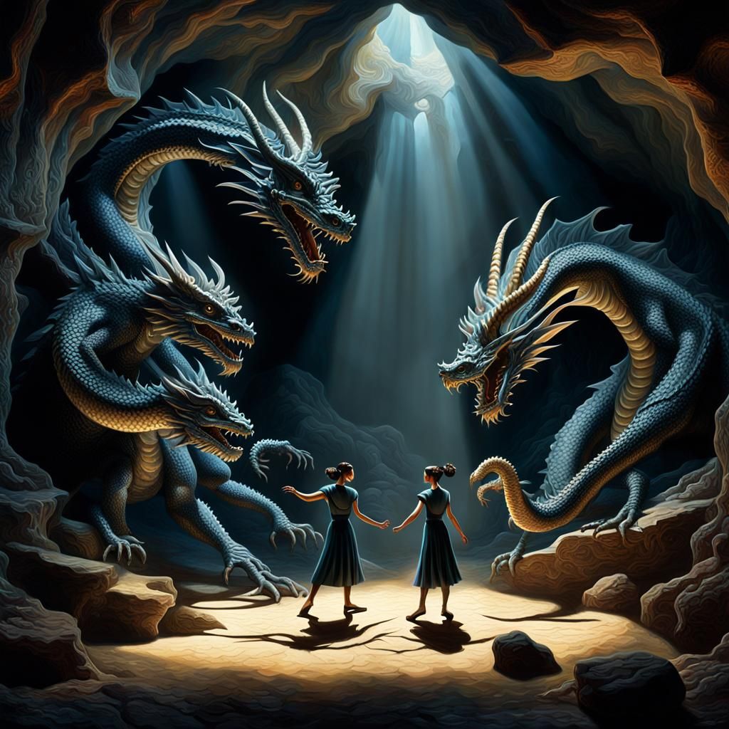 surrealist painting with chiaroscuro technique of dancers in light vs ...