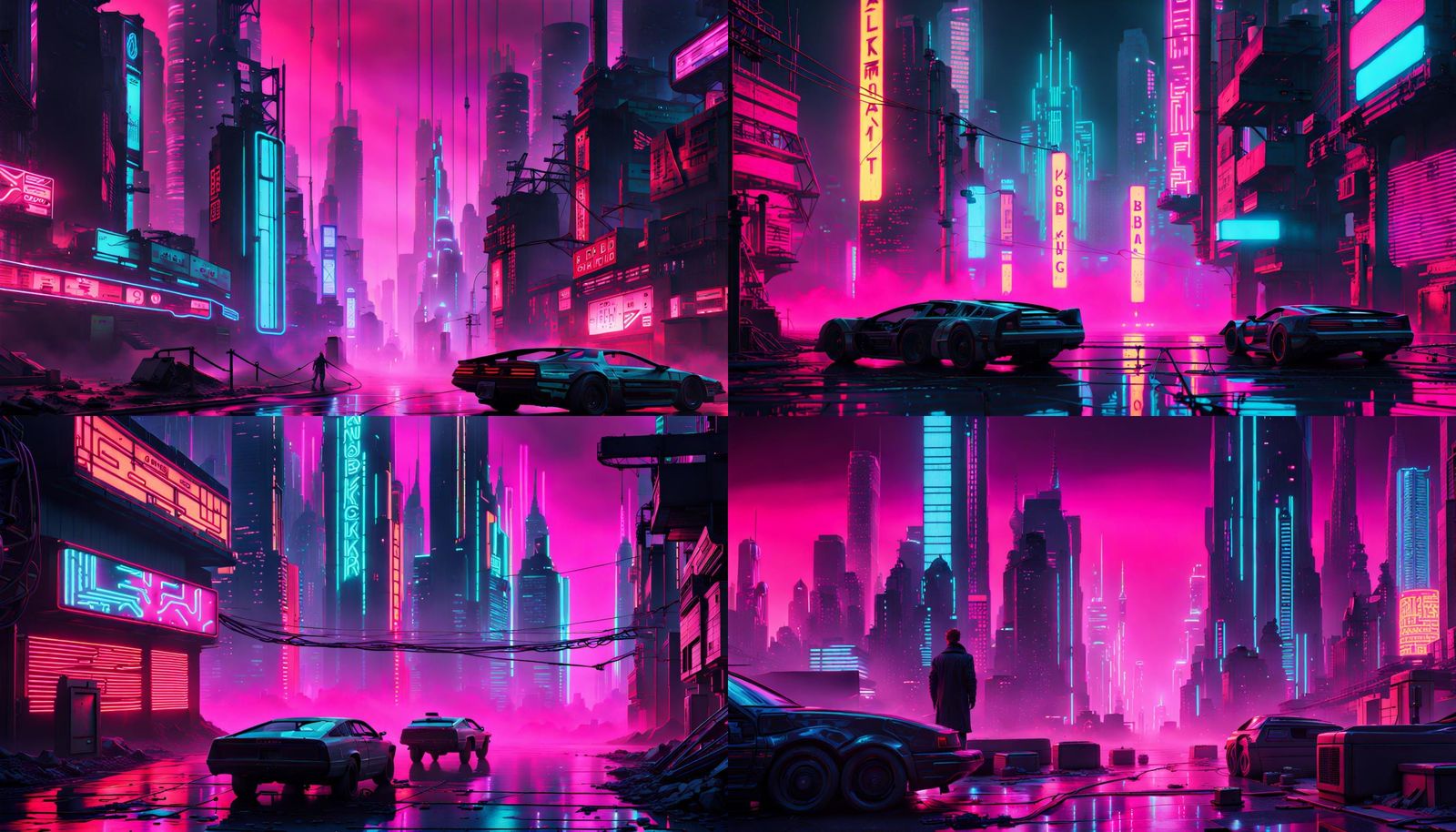 city scape, long lost, dystopian and derelict cyber punk, decrepit neon ...