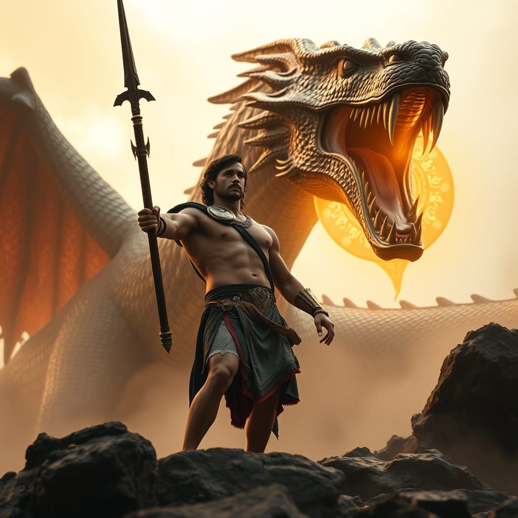 Heroic Demigod Conquers Obsidian Dragon in Golden ... - AI Art