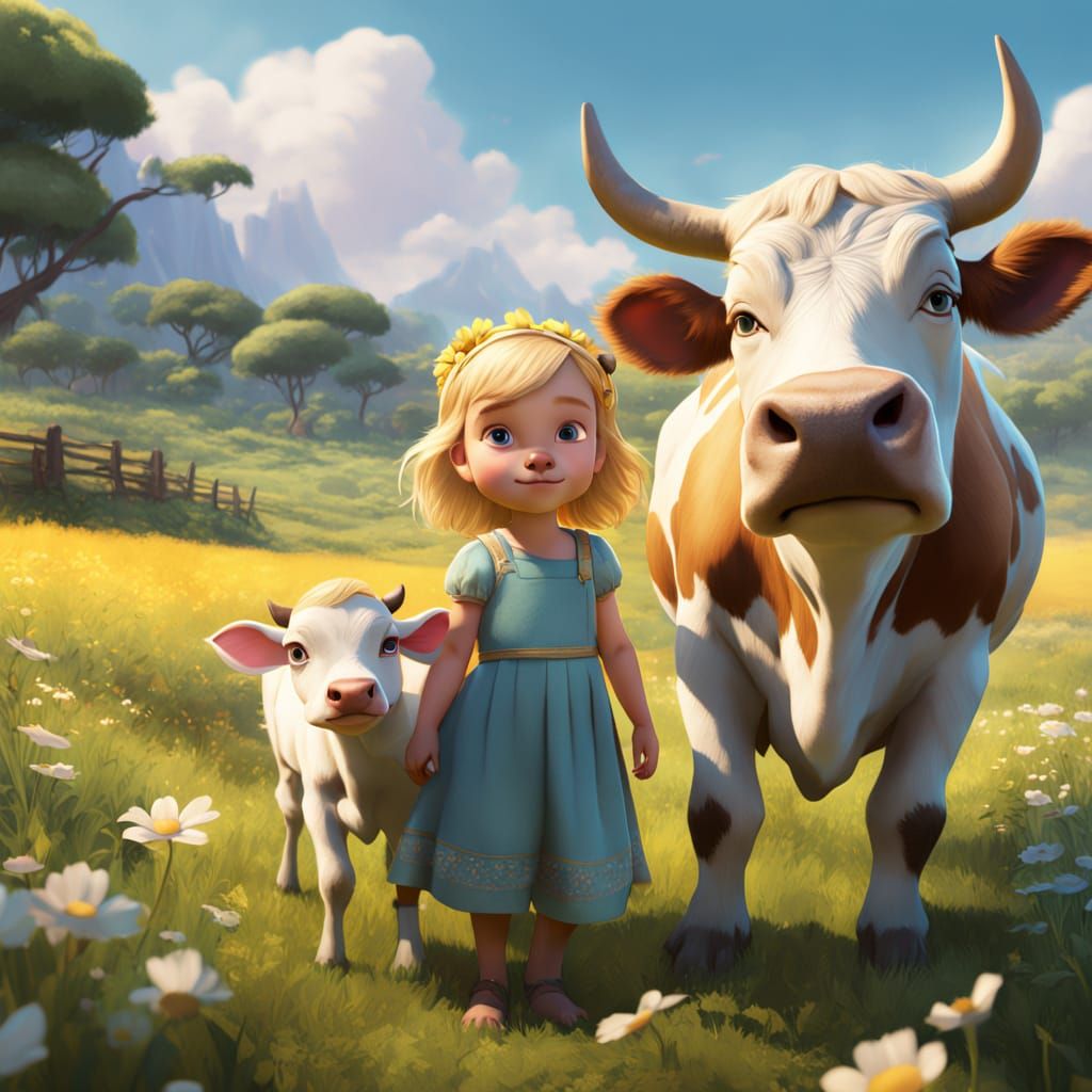 Toddler and Cows - Joyful Toddler Girl and Gentle Cow in a V...