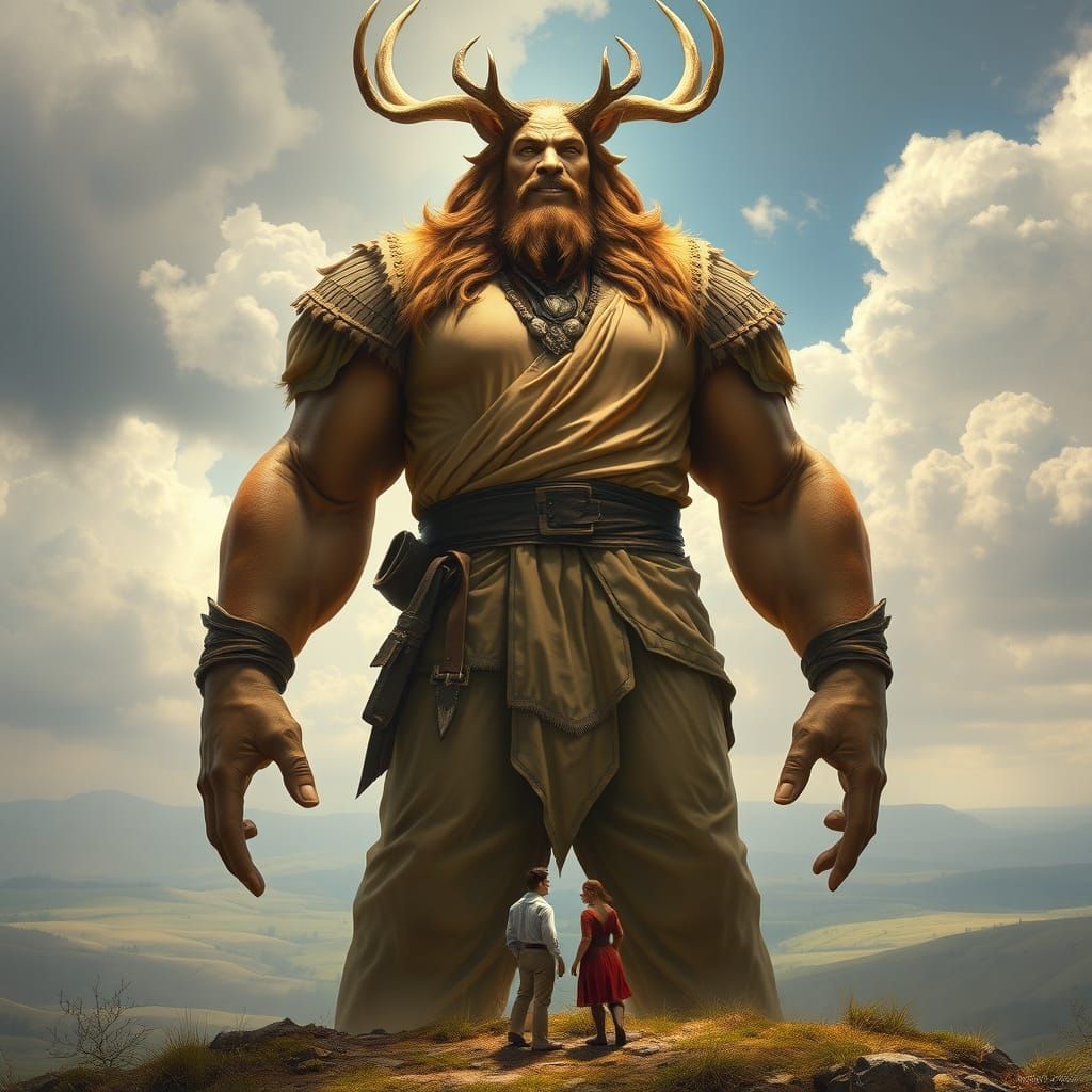 Majestic Colossal God in Earth-Toned Regalia Surve... - AI Art