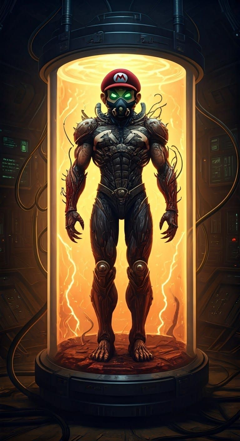 Cyberpunk Biomechanical Hybrid in DNA Tank - AI Art