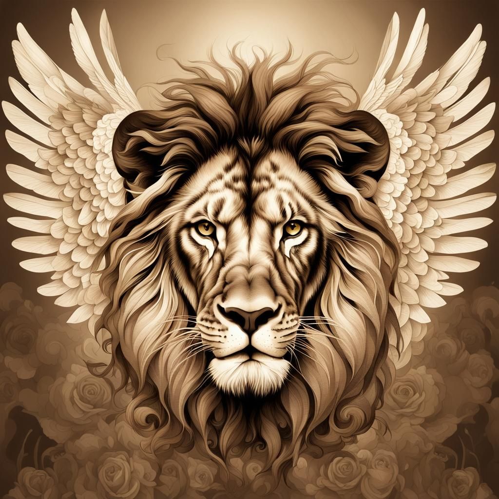 Sepia art illusion of majestic male lion with angelic wings - AI ...