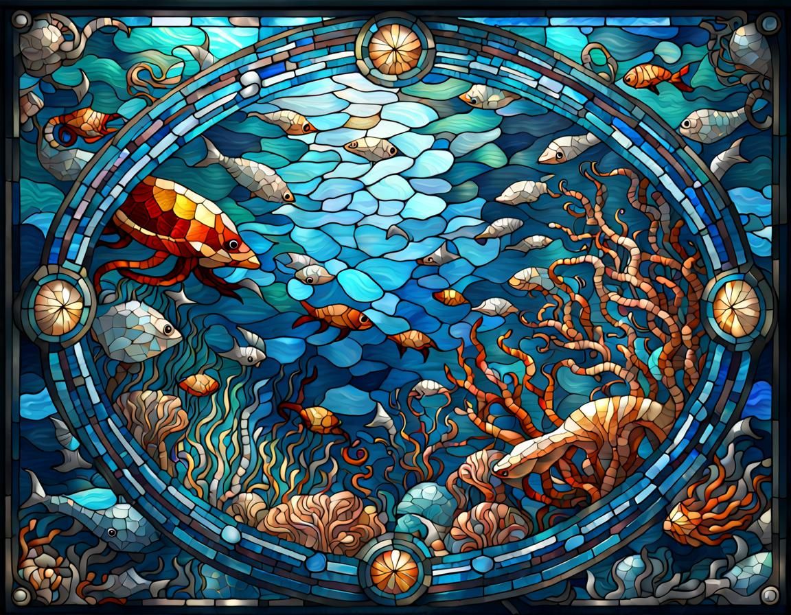 Huge stained glass mosaic representing the deep sea creatures and life ...