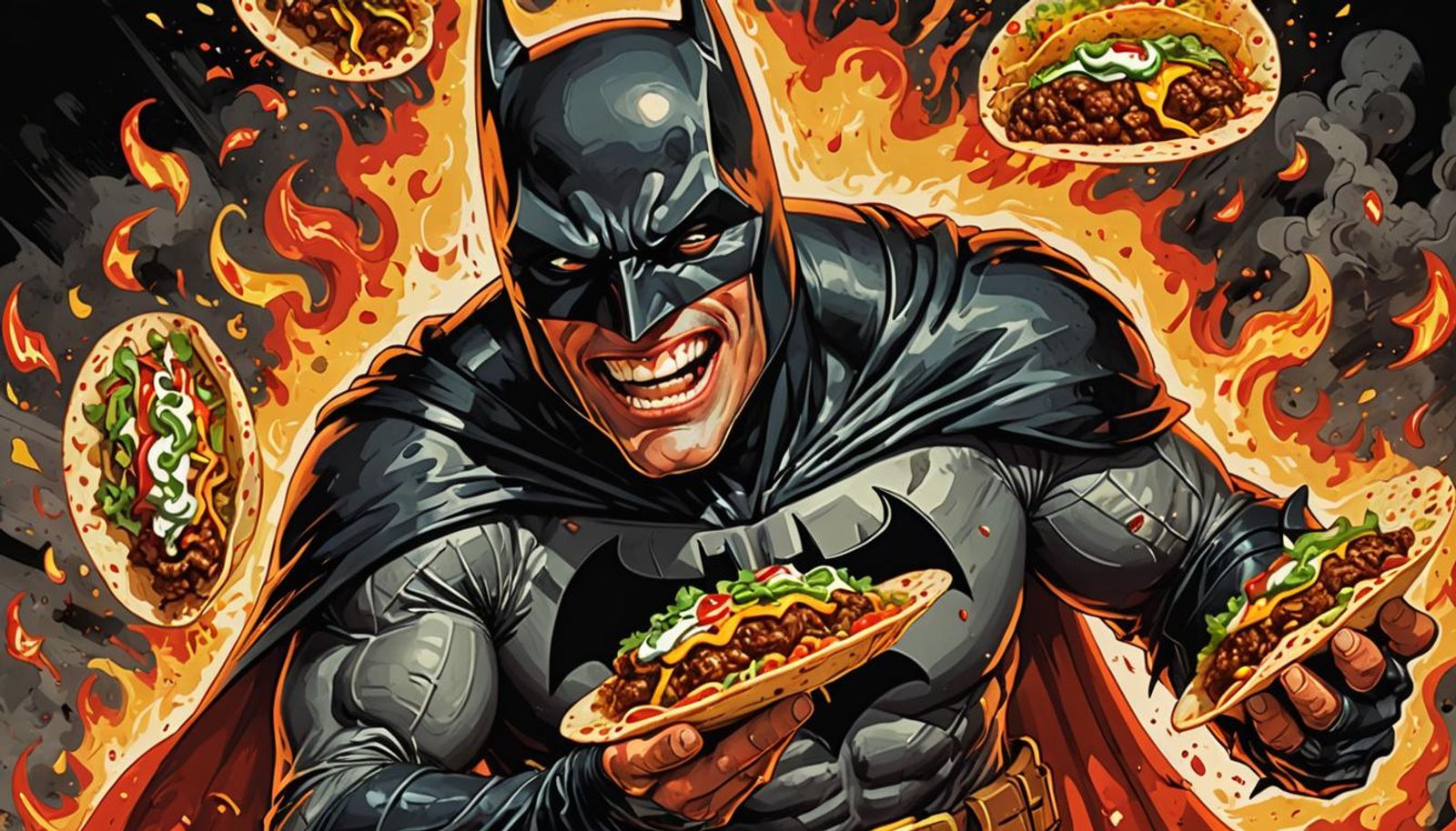 Batman joyfully munching on a very spicy taco with a extremely high ...