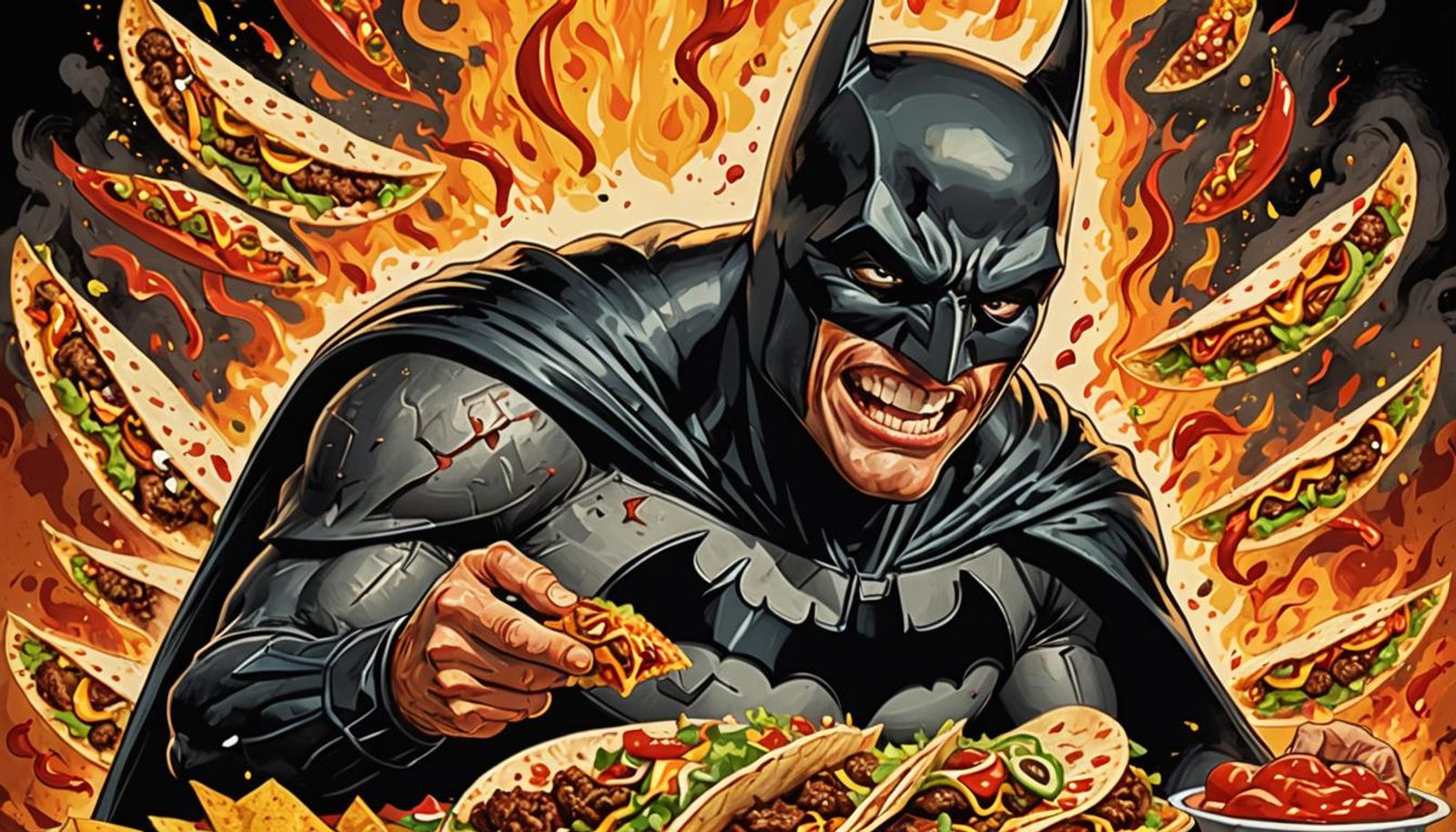 Batman joyfully munching on a very spicy taco with a extremely high ...