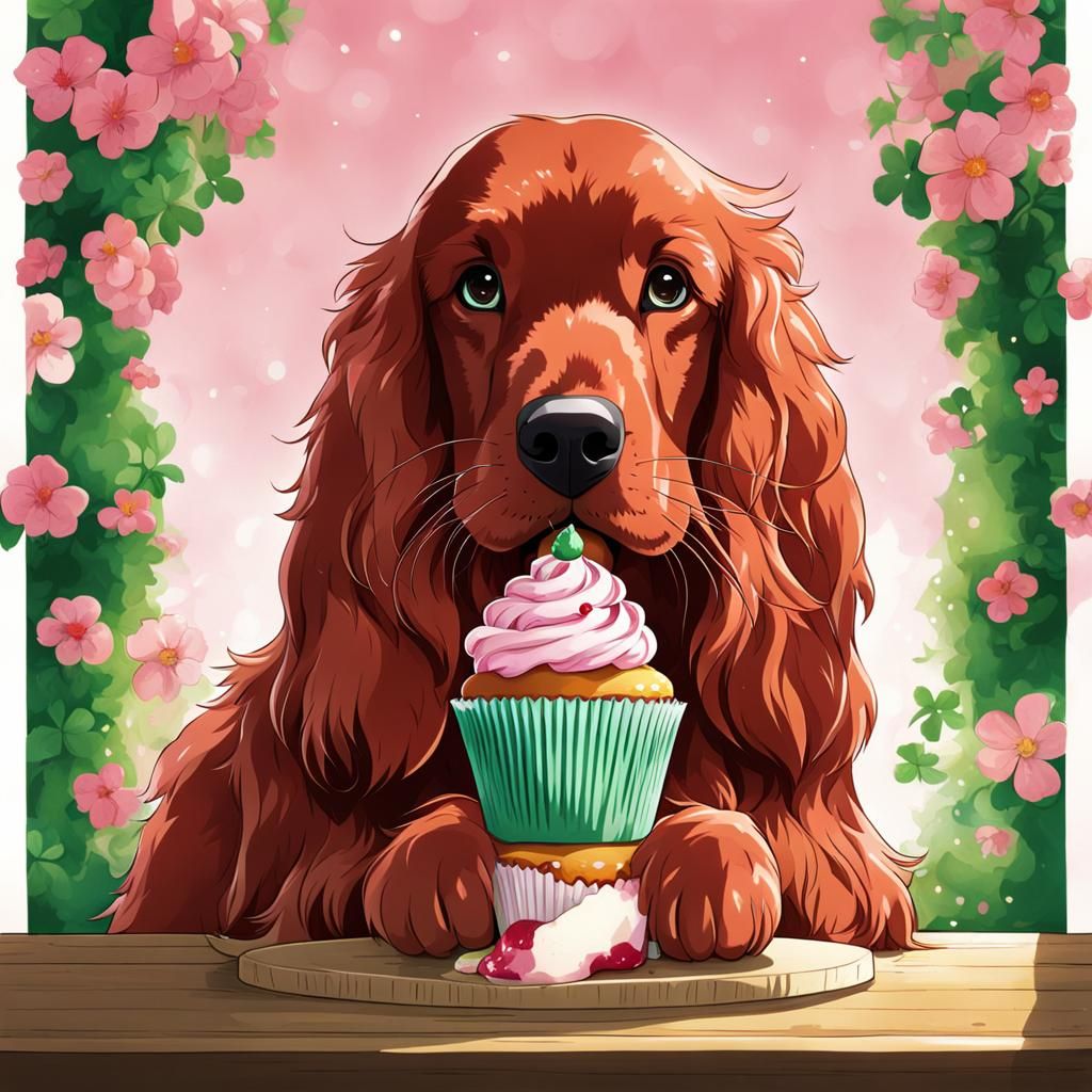 Irish setter eating a cupcake - AI Generated Artwork - NightCafe Creator