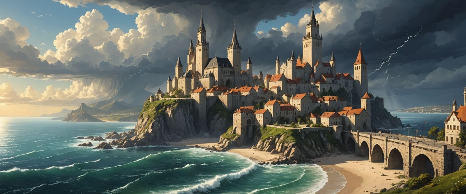 Coastal City - Fantasy Cityscape Amidst a Stormy Coastline
