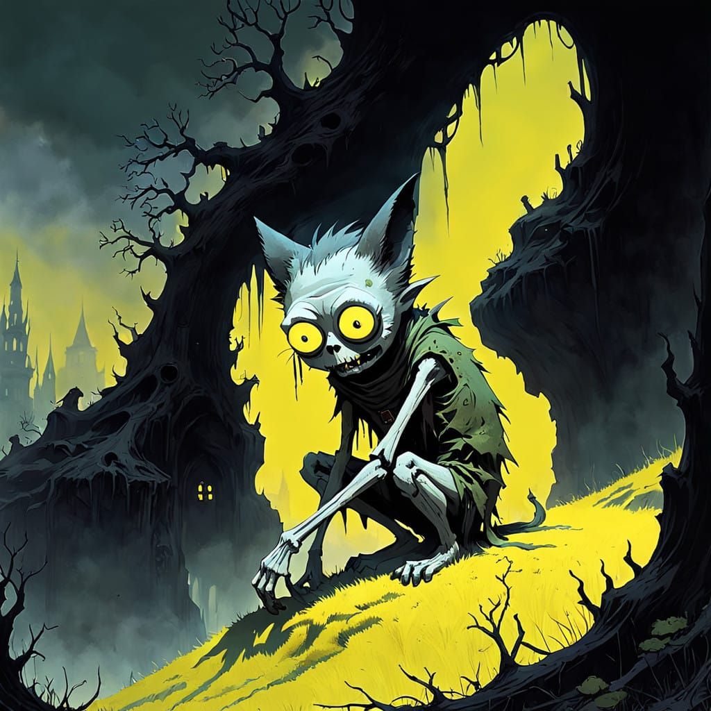 A Cat decrepit, undead minion, its once bright yel... - AI Art