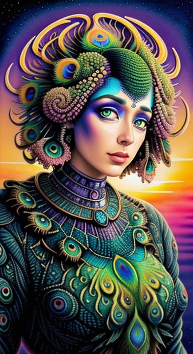 Ethereal Sunset Portrait in Watercolor and Stipple... - AI Art