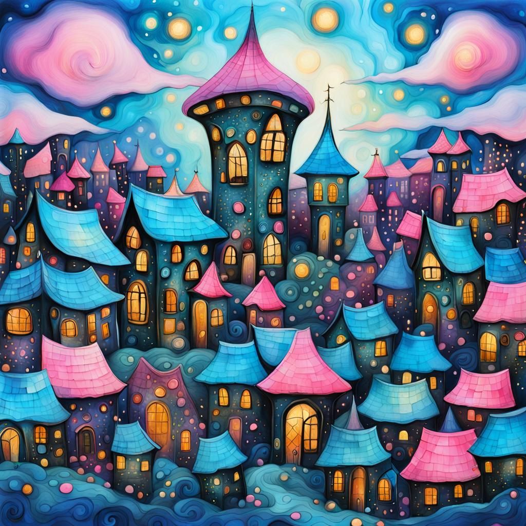 Magnificent fantasy fae village with blue and pink roofs - AI Generated ...