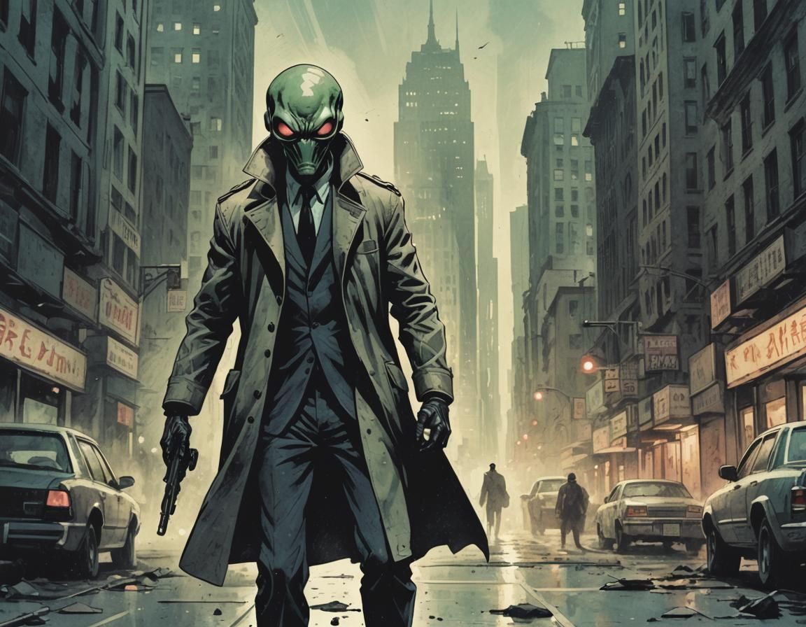 Comic Noir Expressionism, alien detective, hero pose, faded color, city ...