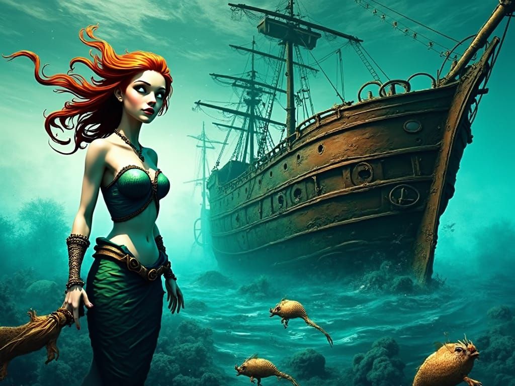 Underwater Mermaid and Viking Drakkar Shipwreck, 3... - AI Art