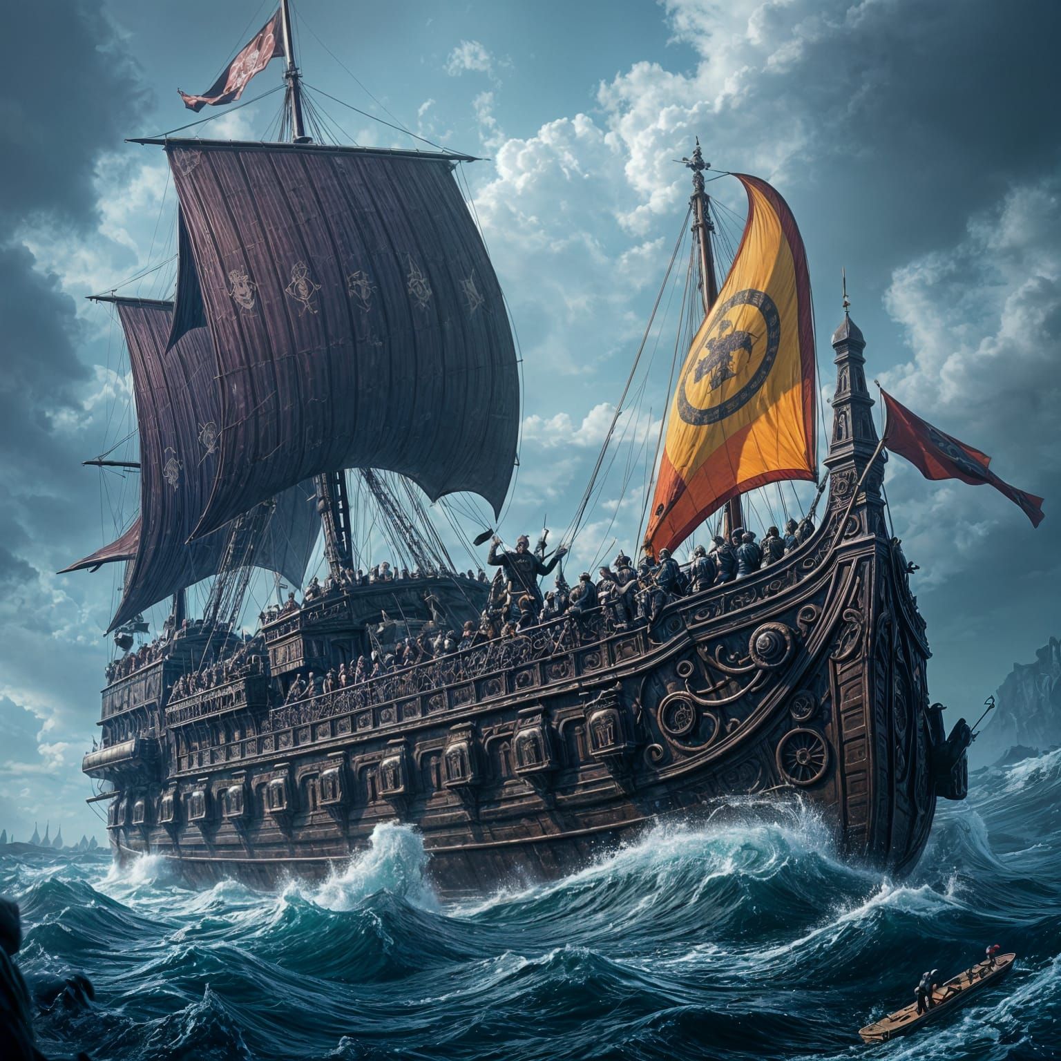 Dark Ship - Colossal Dark Fantasy Warship Under Stormy Skies