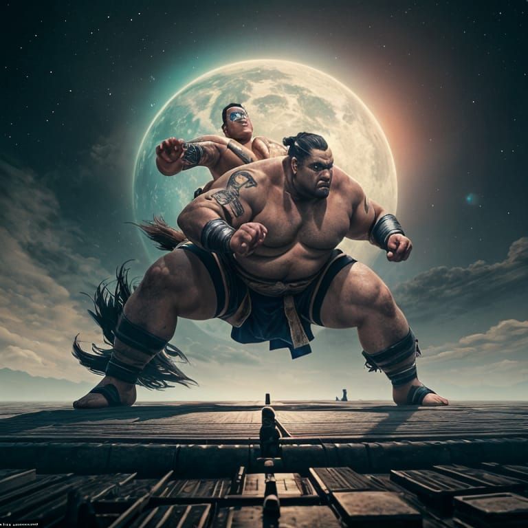 Sumo wrestler fighting with mexican wrestler with mask in outer space ...