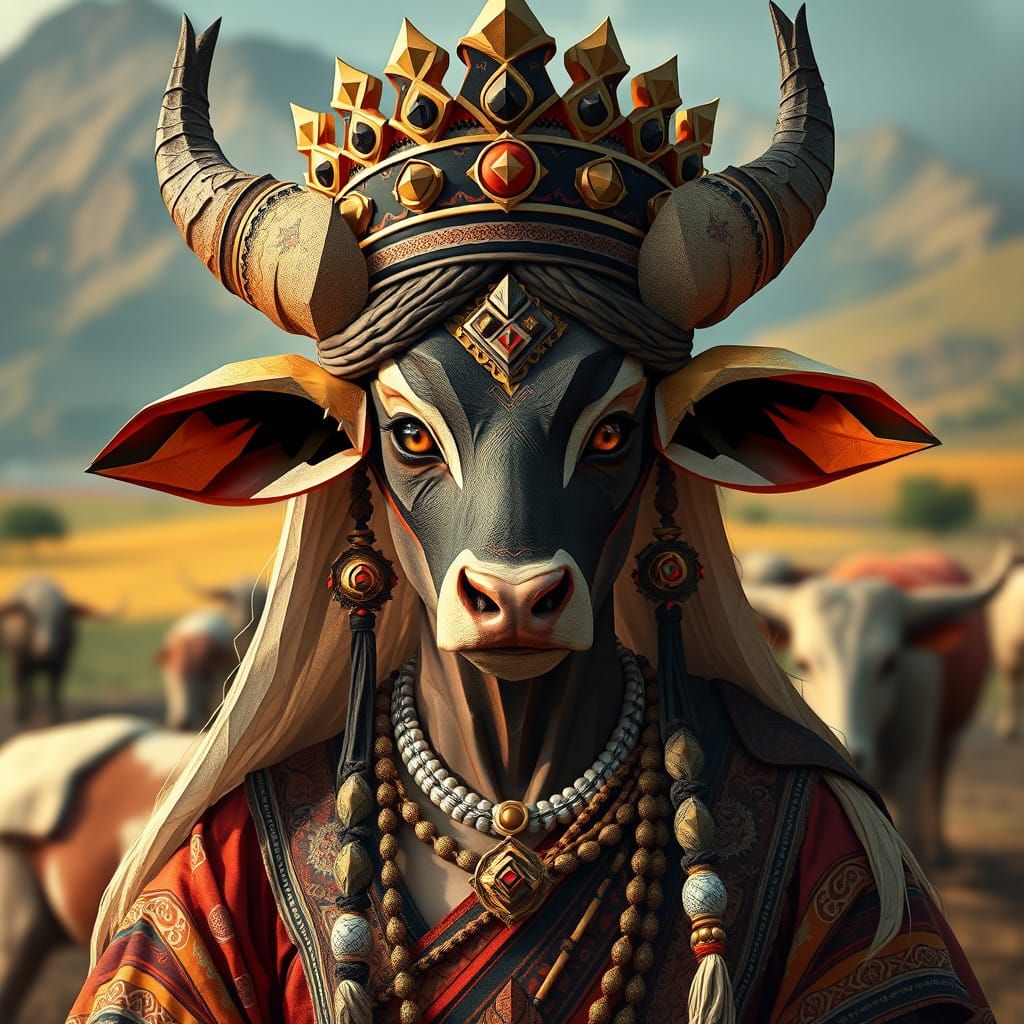 Hyper-Realistic Iranian Cattle Goddess in Cubist O... - AI Art
