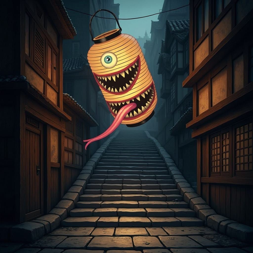 Chōchin-obake. - Twisted Lantern Spirit Emerges in Faded Glo...