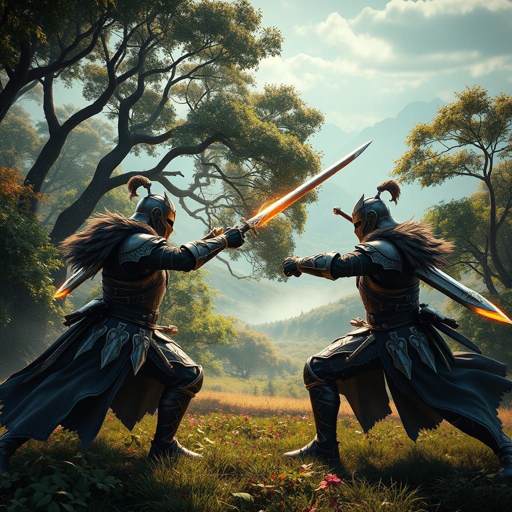 Epic Swordsmen Engage in Fierce Battle Amidst Maje... - AI Art