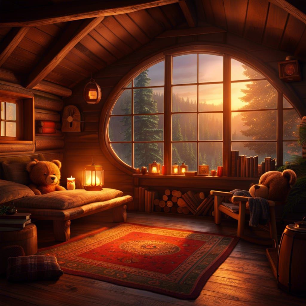 Interior of a Cozy Cabin in the Woods ... with Teddy Bears to Cuddle ...