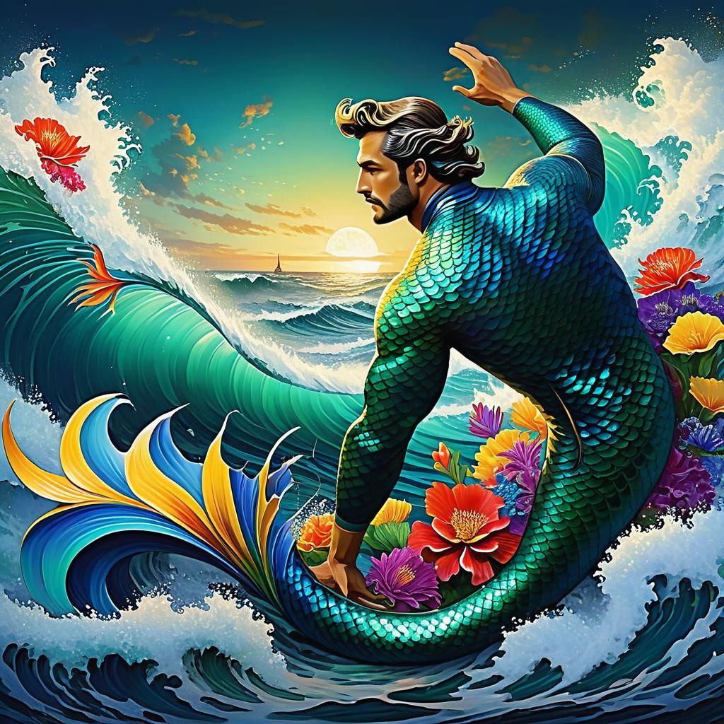 A painting of a merman sitting on top of a wave, digital art, by Yang J ...