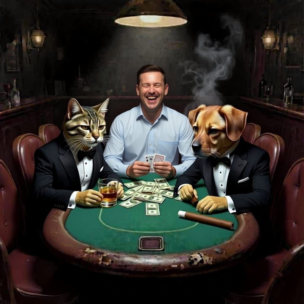 All in all day - Cats Play Poker on Dog Furniture in a Bar