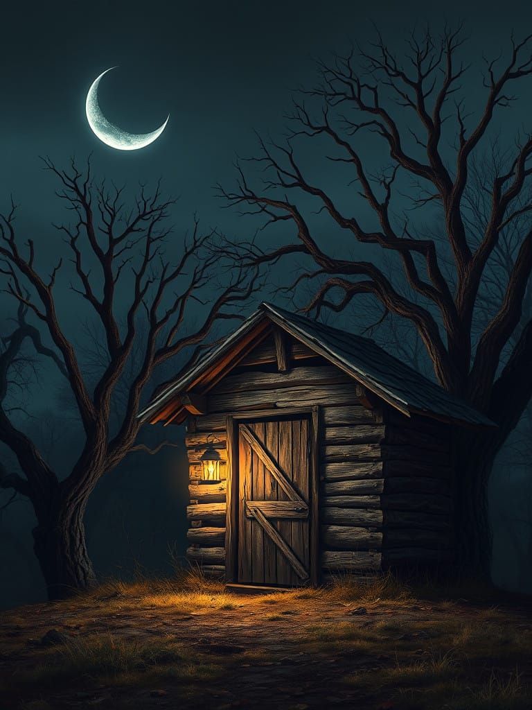Forgotten Hut Illuminated by Soft Glow under Cresc... - AI Art