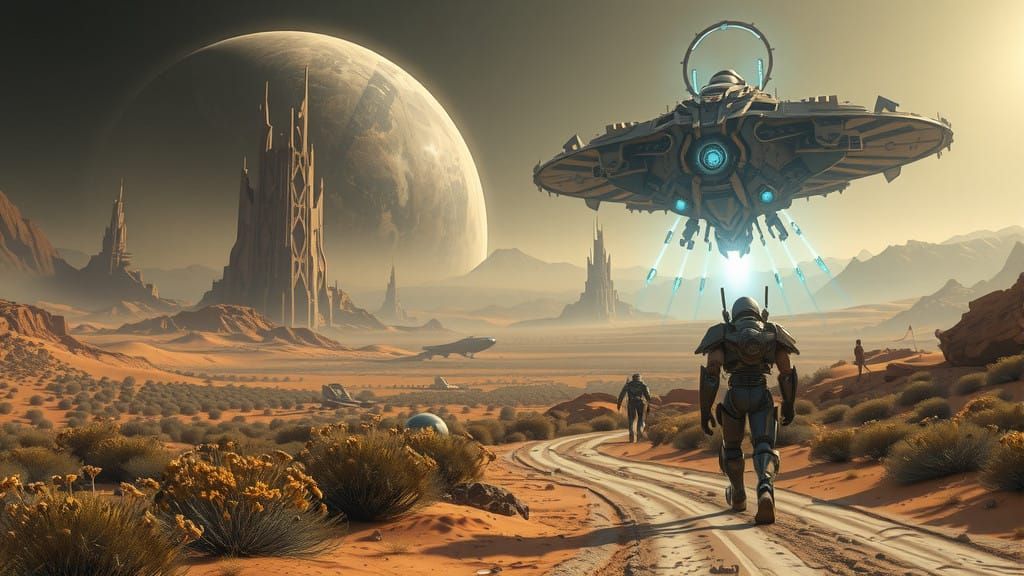 Alien World Desert - Cyberpunk Mech Warrior Walks Towards Fu...