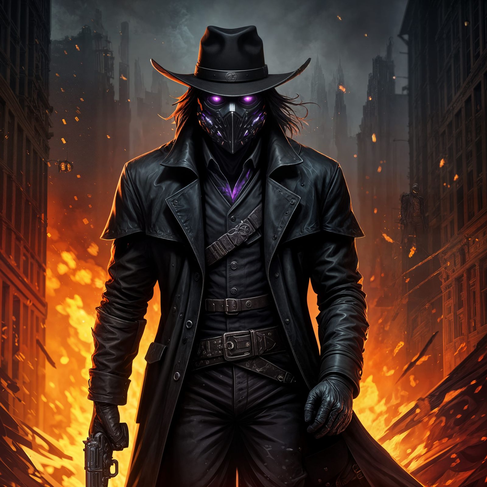 Glowing Void Touched Warrior in Burning City - AI Art