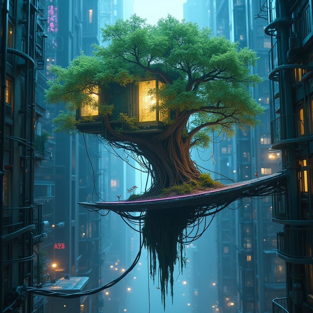 Sleek Cyberpunk Treehouse Blends Tech and Nature i... - AI Art