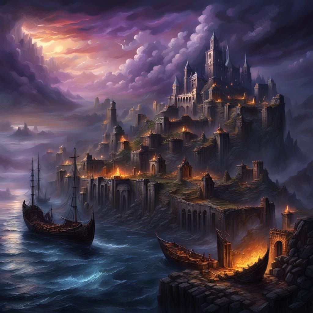 Ancient elven port city, vast ruins devoid of life, old fortifications ...