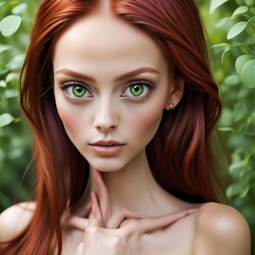 Hair red ,eyes green,skin smooth and rich brown, she is tall and ...