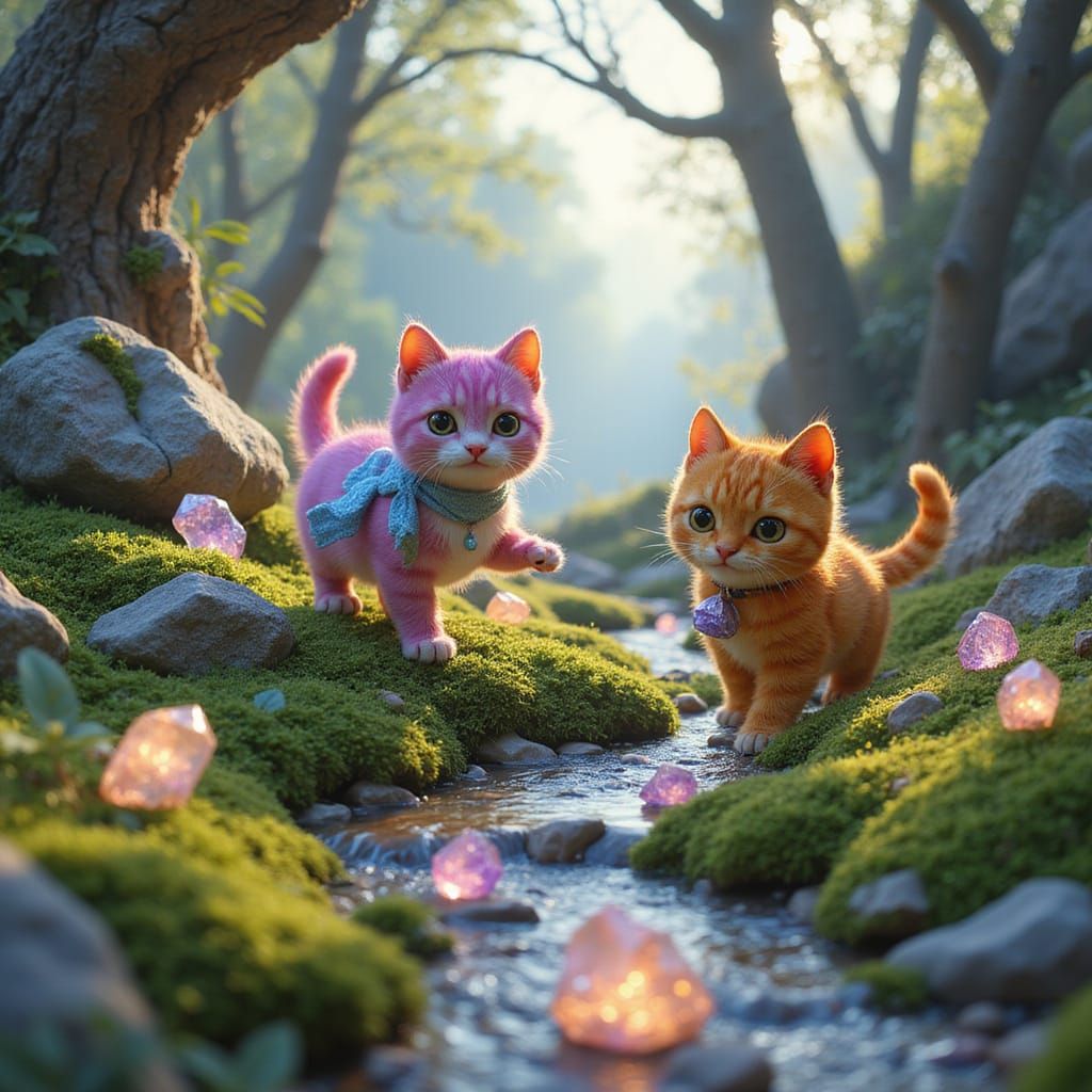 Pixar-Style Whimsical Cats in Vibrant Forests - AI Art
