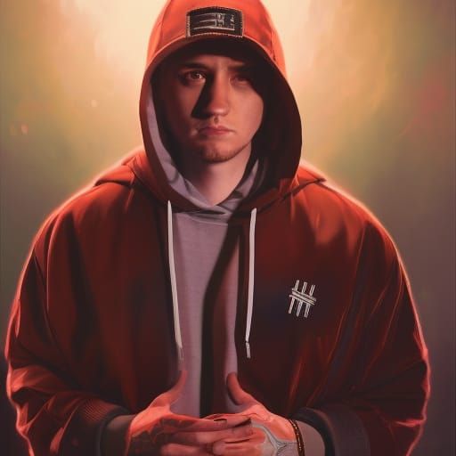 head and shoulders portrait of Eminem wearing white hoodie performing a ...