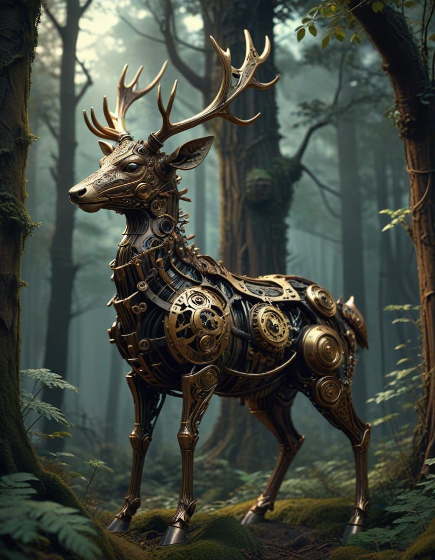 A steampunk deer in a forest - A steampunk deer in a forest