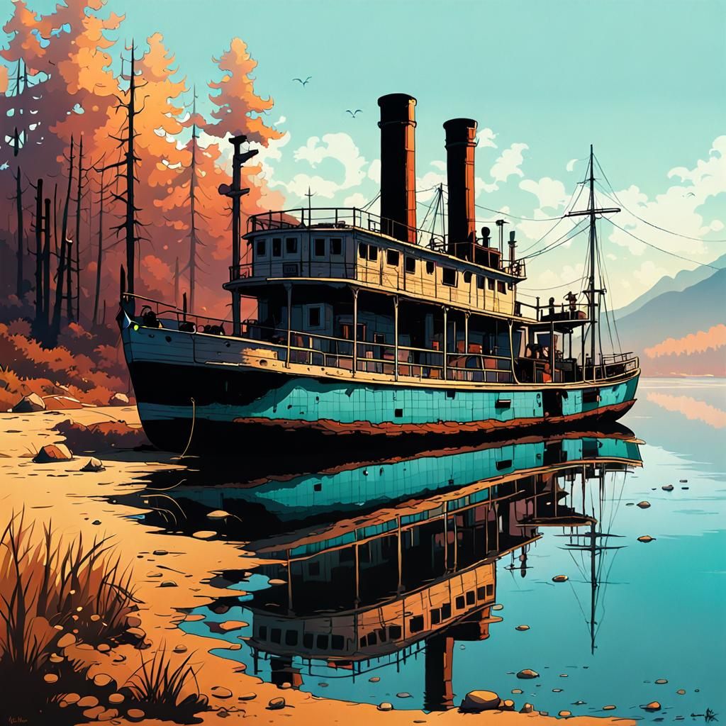 Abandoned steamboat on the edge of a shore - AI Generated Artwork ...