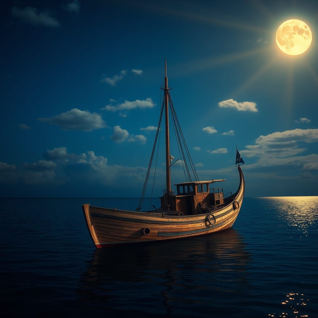La Luna - Weathered Ship Under Luminous Full Moon