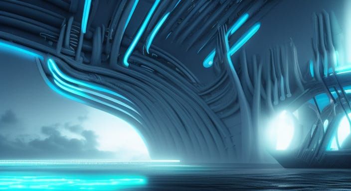 an atoll, cyberpunk, HR giger, neon-Blue, industrial, bio-organic ...