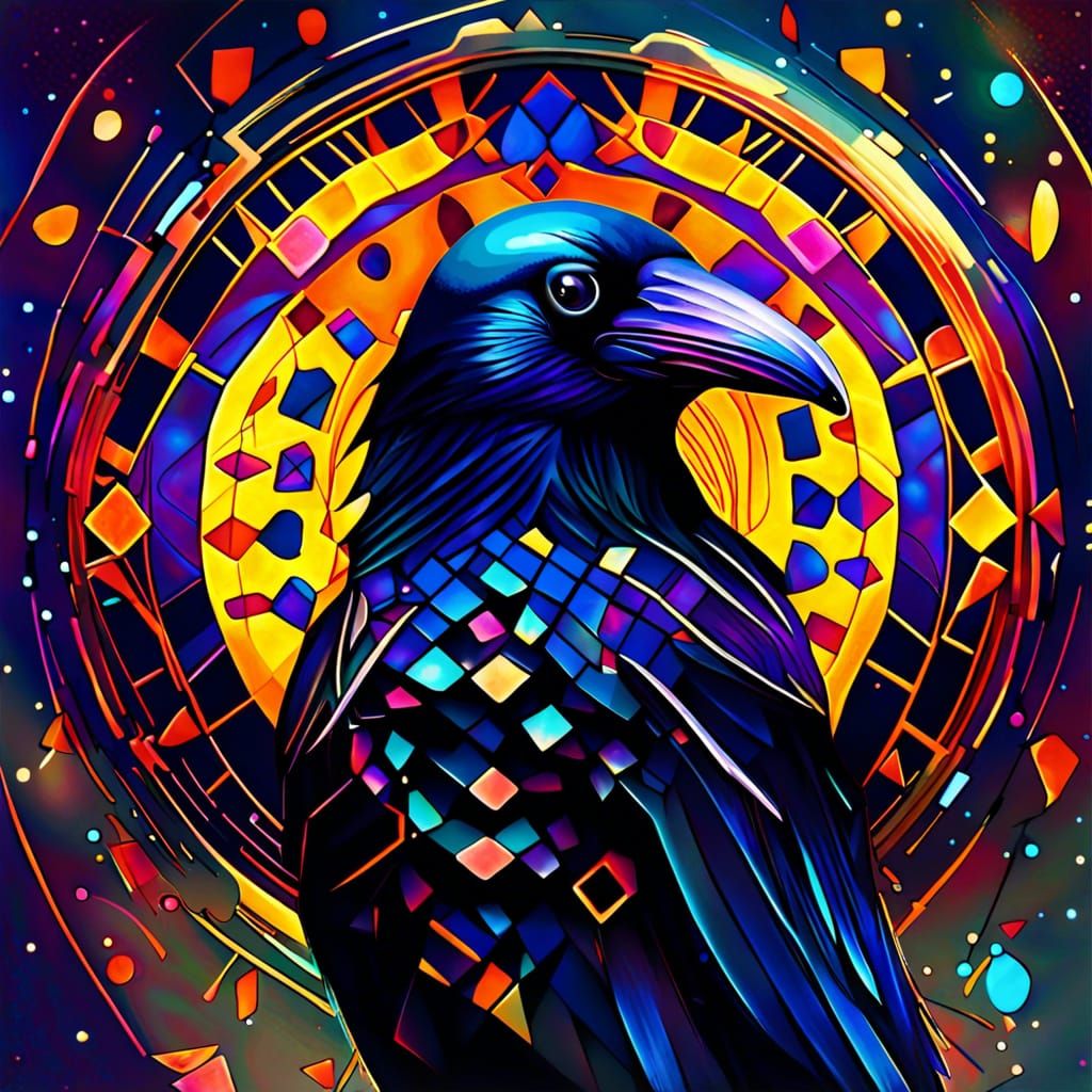 A geometric and colourful representation of a raven ,with patterns of ...