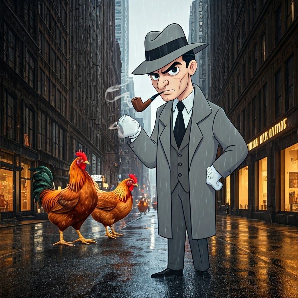 1940s Cartoon Detective suspects fowl play in real world New York