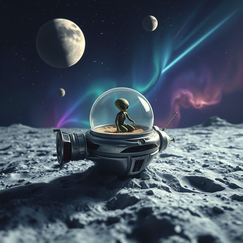 Hyperrealistic Miniature Alien Spaceship on the Mo... - AI Art